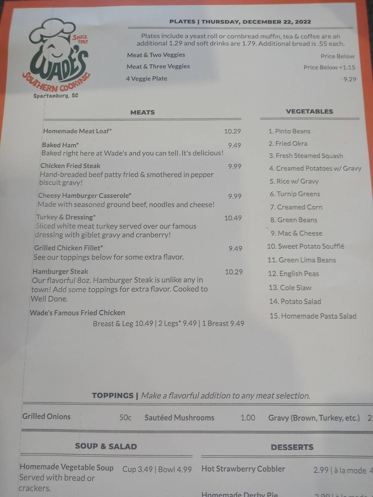 Menu at Wade's Restaurant, Spartanburg, N Pine St