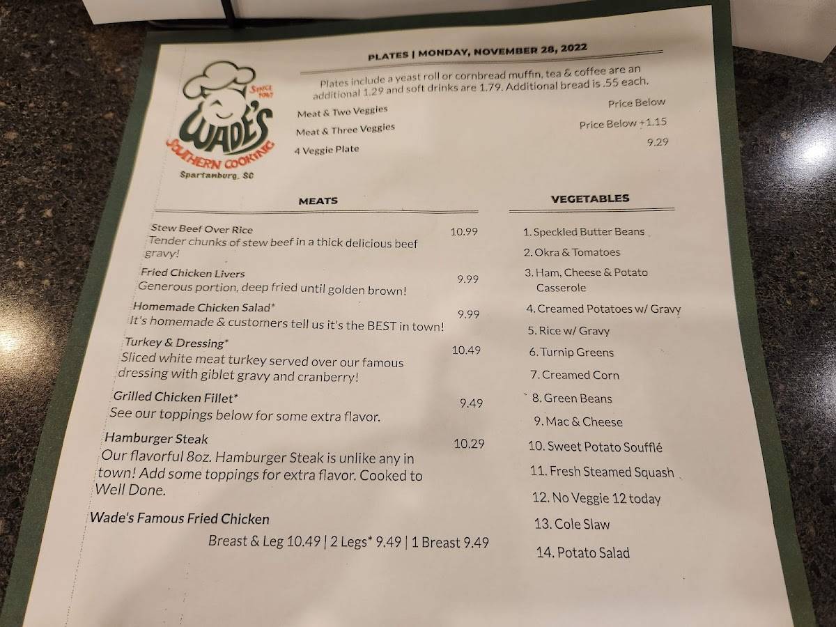 Menu at Wade's Restaurant, Spartanburg, N Pine St