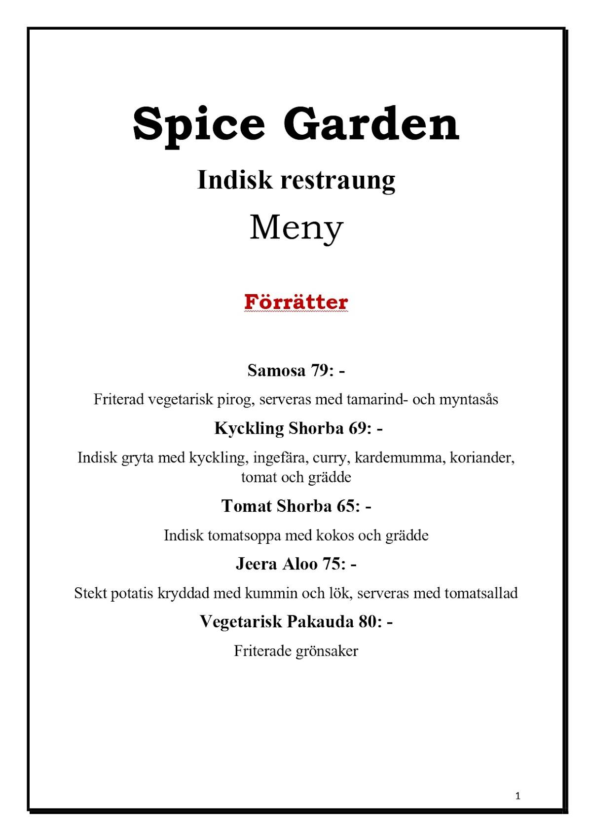 Menu at Spice Garden Åmål restaurant, Åmål, Södra Ågatan 11