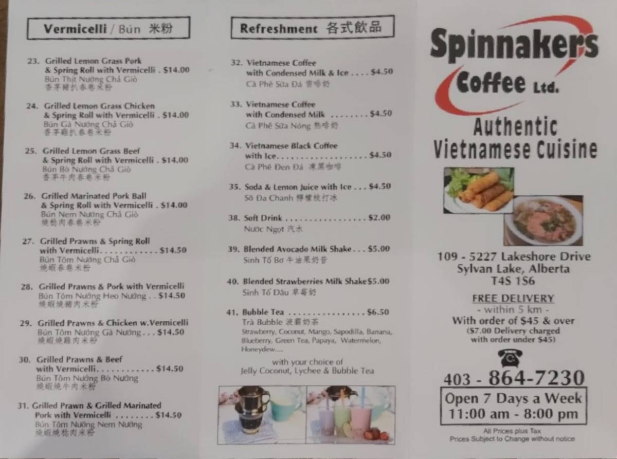 Menu at Spinnaker's Cafe, Sylvan Lake