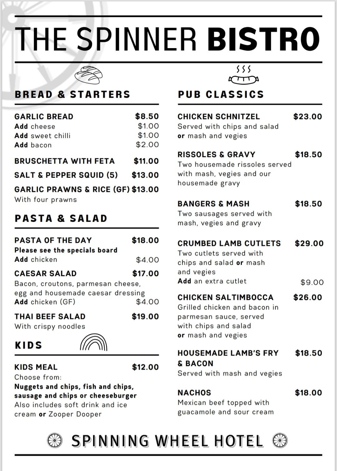 Menu at Spinning Wheel Hotel pub & bar, Raymond Terrace