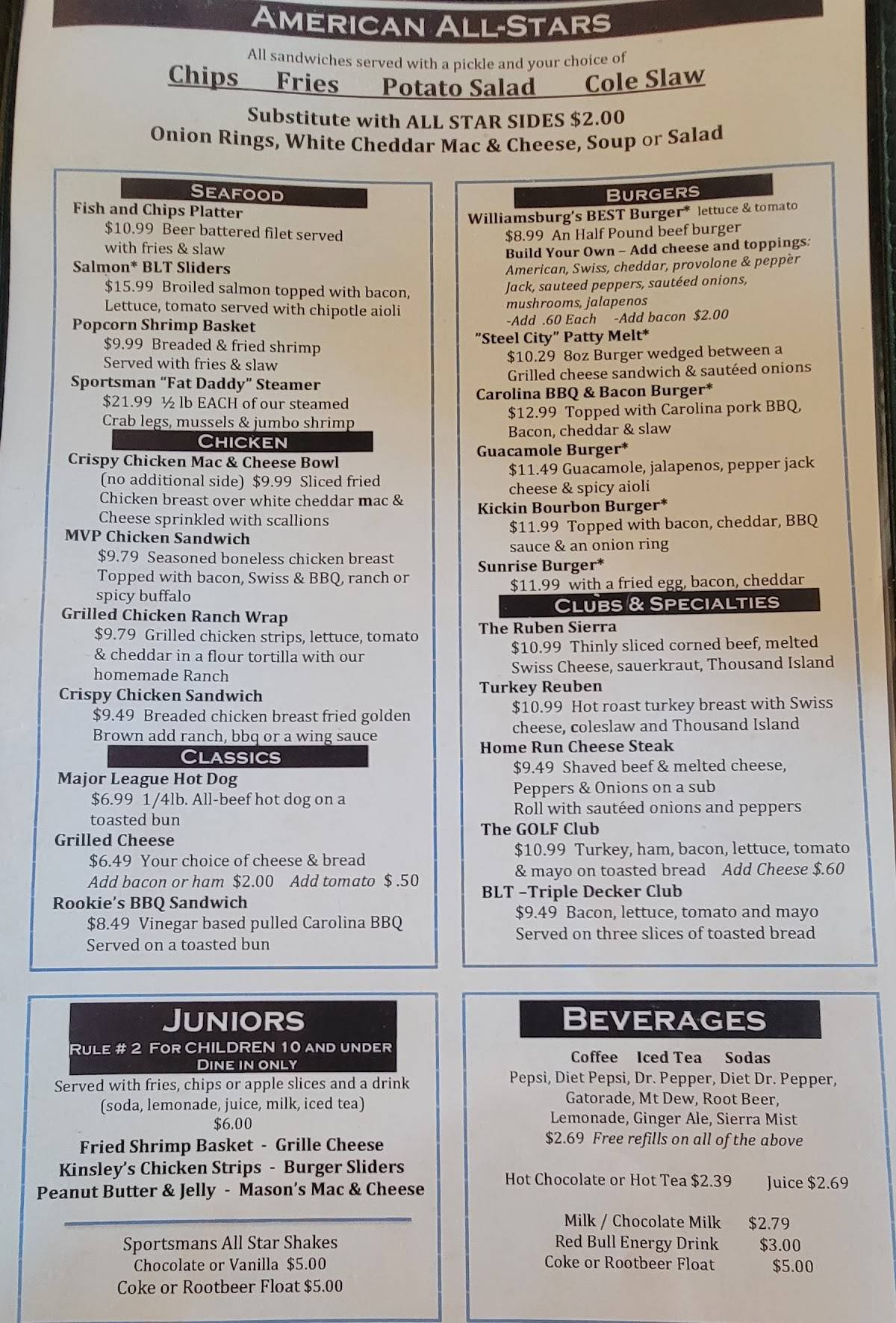 Menu at Sportsmans Grille pub & bar, Williamsburg