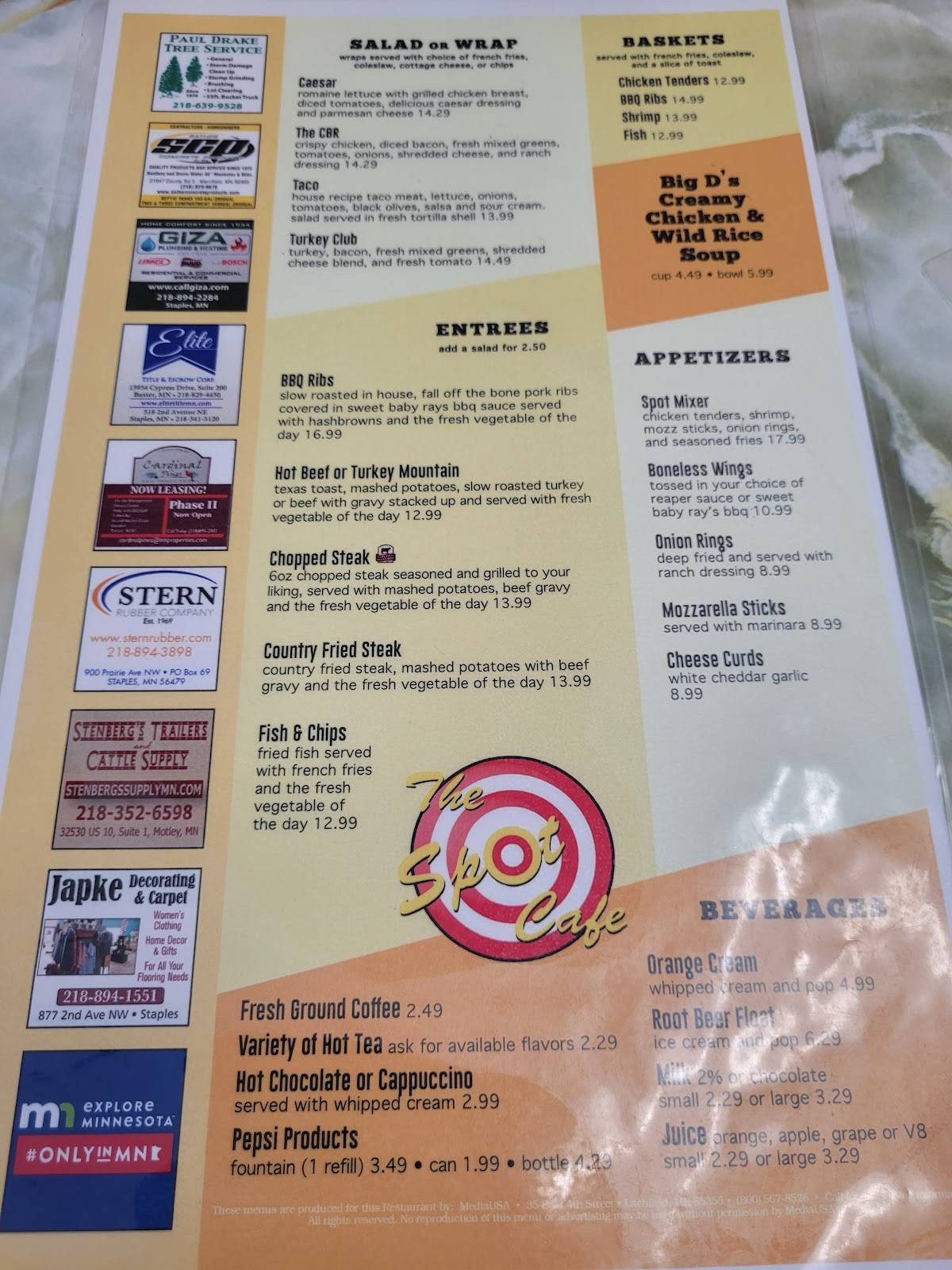Menu at Spot Cafe, Staples
