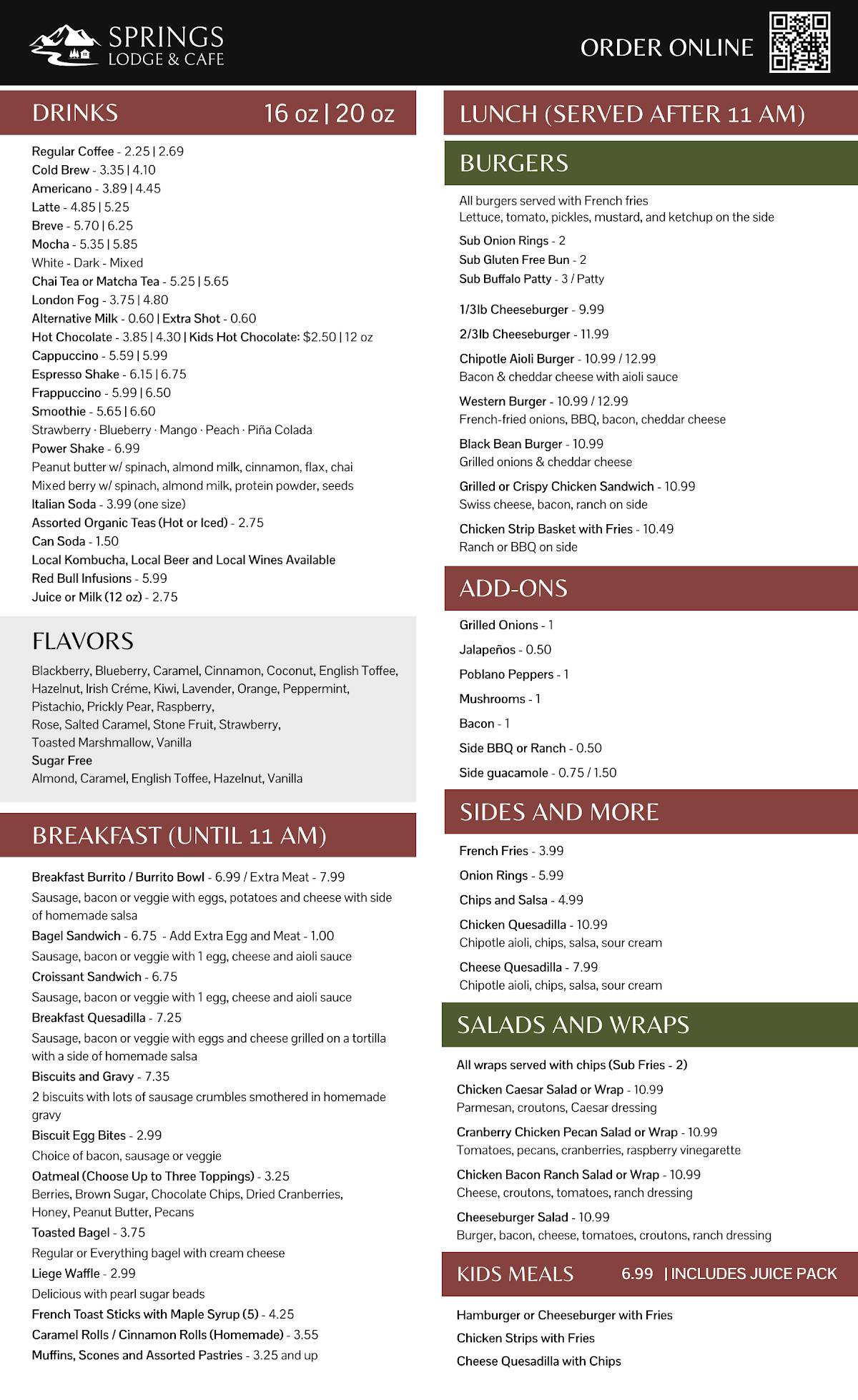 Menu at Springs Lodge & Cafe (Cafe), Hot Springs