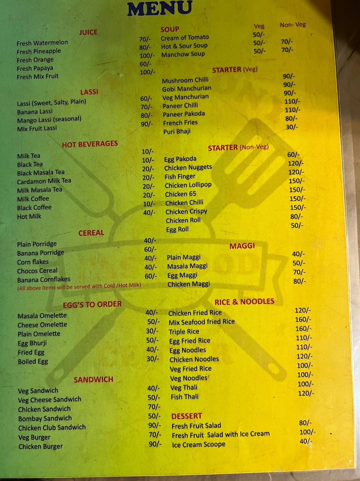 Menu at St.Anthony Fast Food Center, Calangute