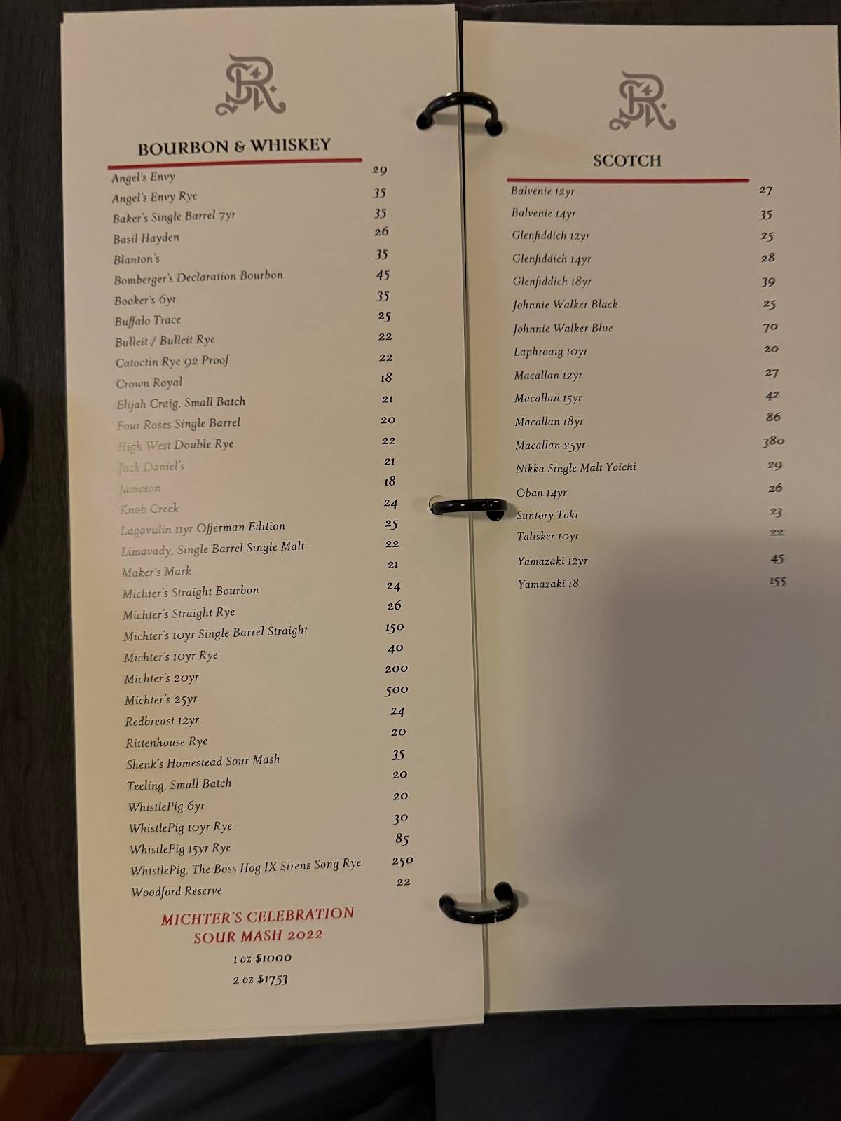 Menu at St. Regis Bar, Washington