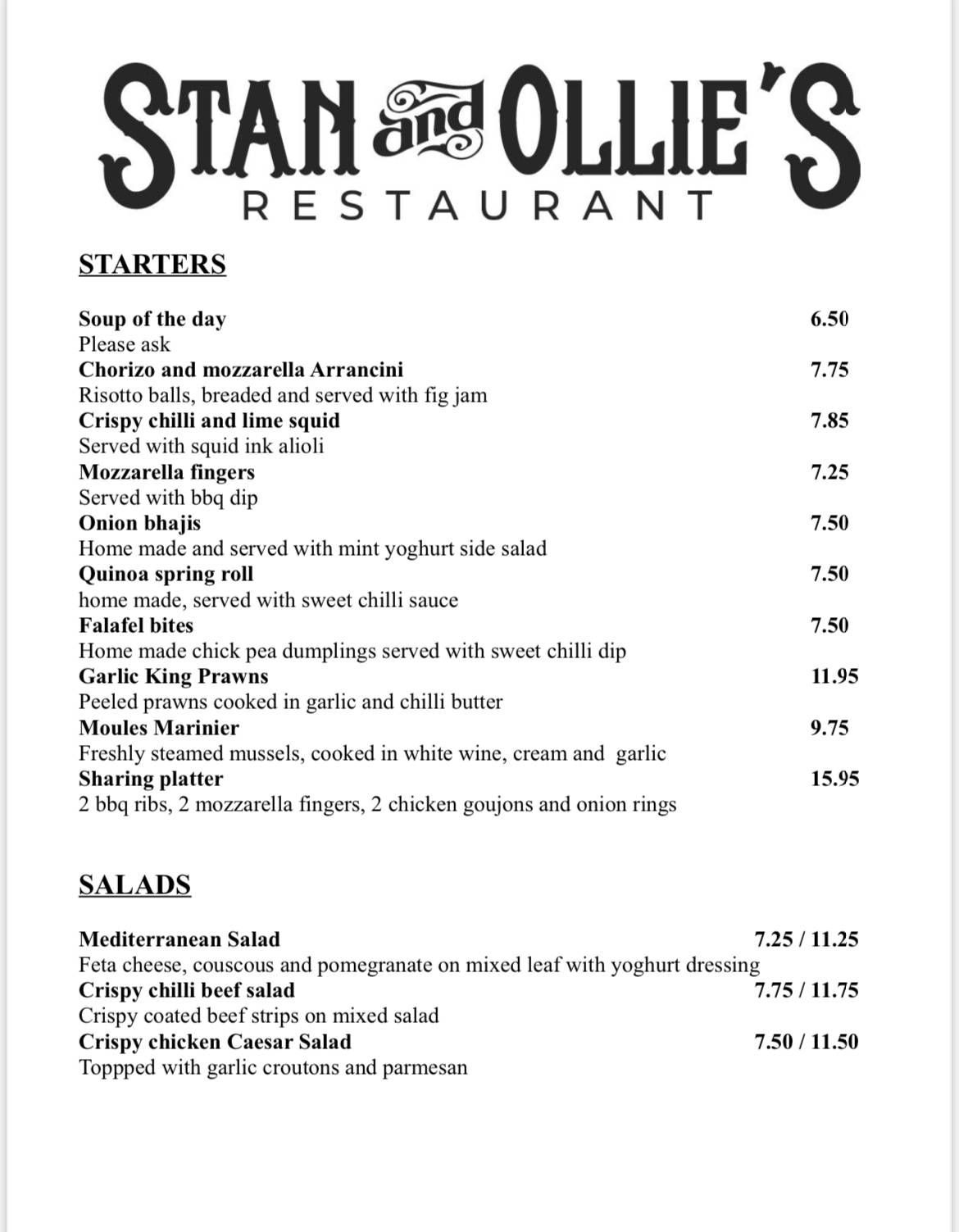 Menu at Stan & Ollies Restaurant, Guardamar del Segura