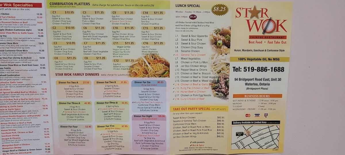 Menu at Star Wok restaurant, Waterloo