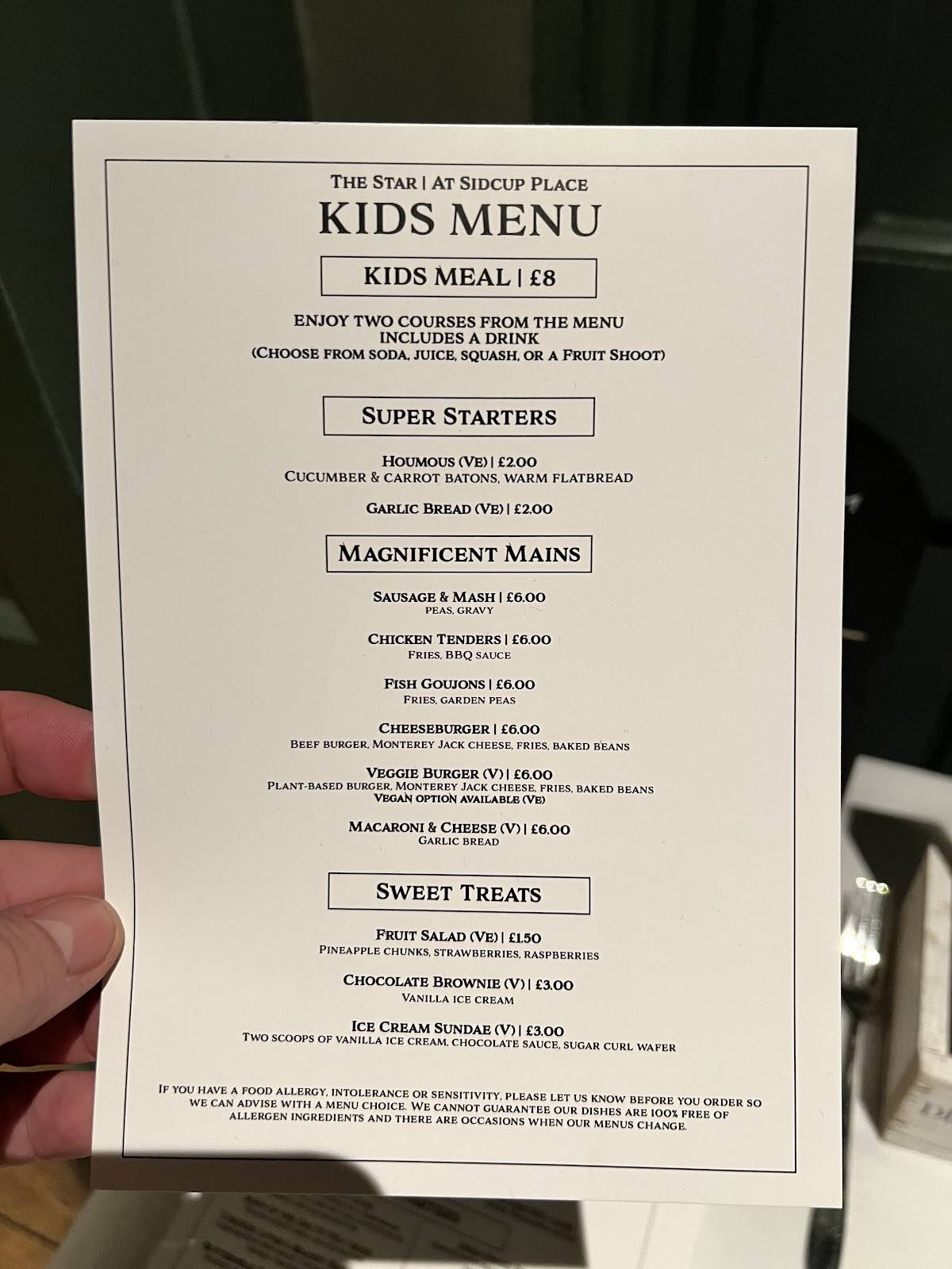 Menu at The Star at Sidcup Place pub & bar, Sidcup