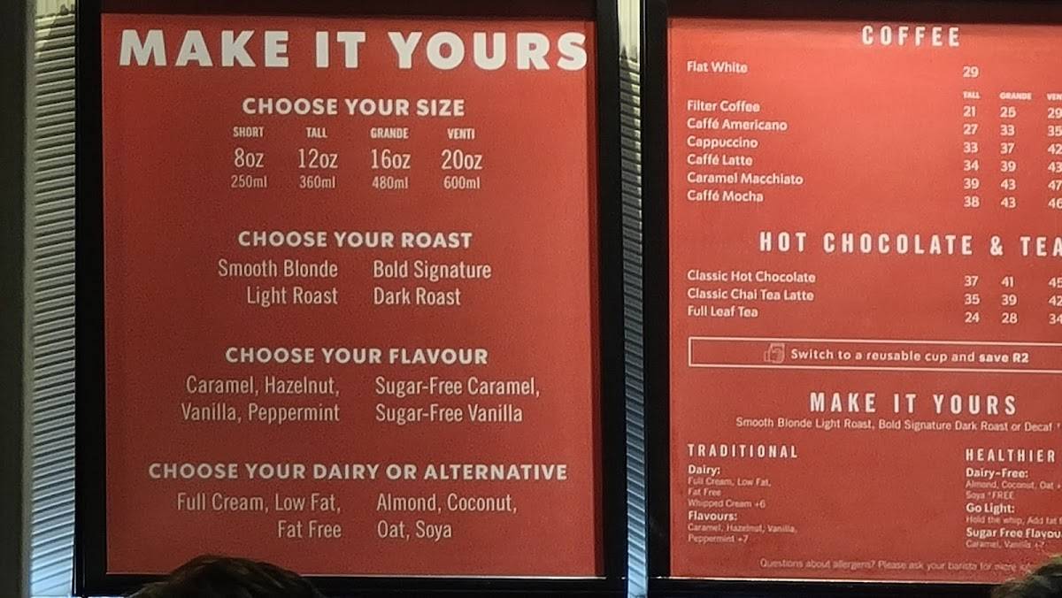 Menu at Starbucks Tyger Valley, Cape Town