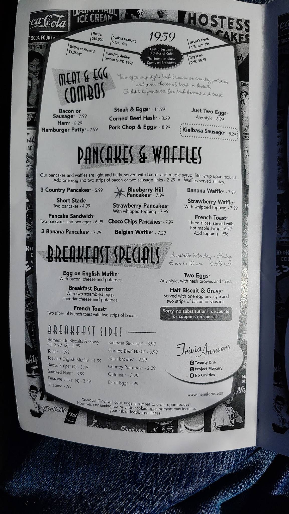 Menu at Stardust Diner cafe, Vancouver
