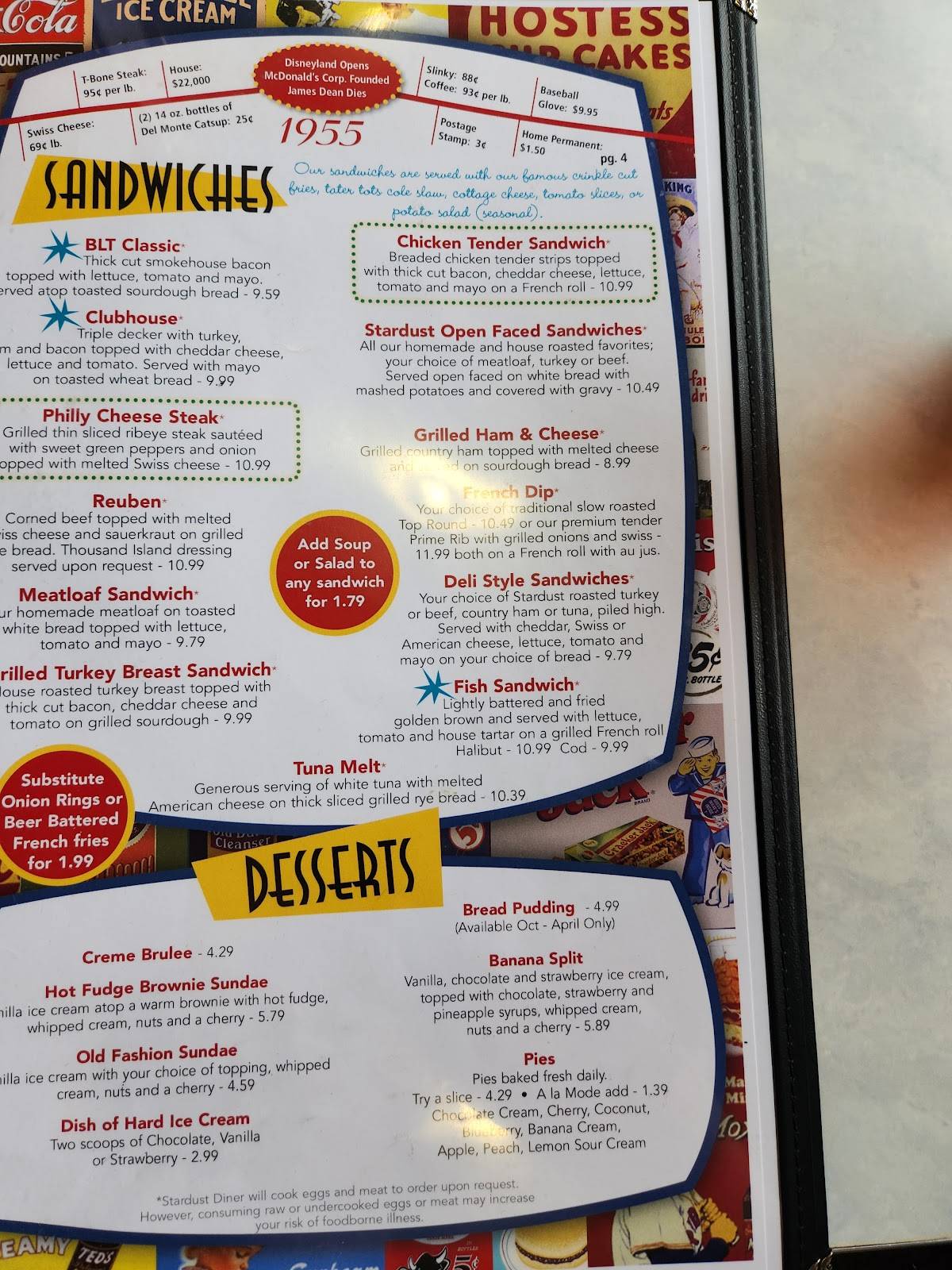 Menu at Stardust Diner cafe, Vancouver