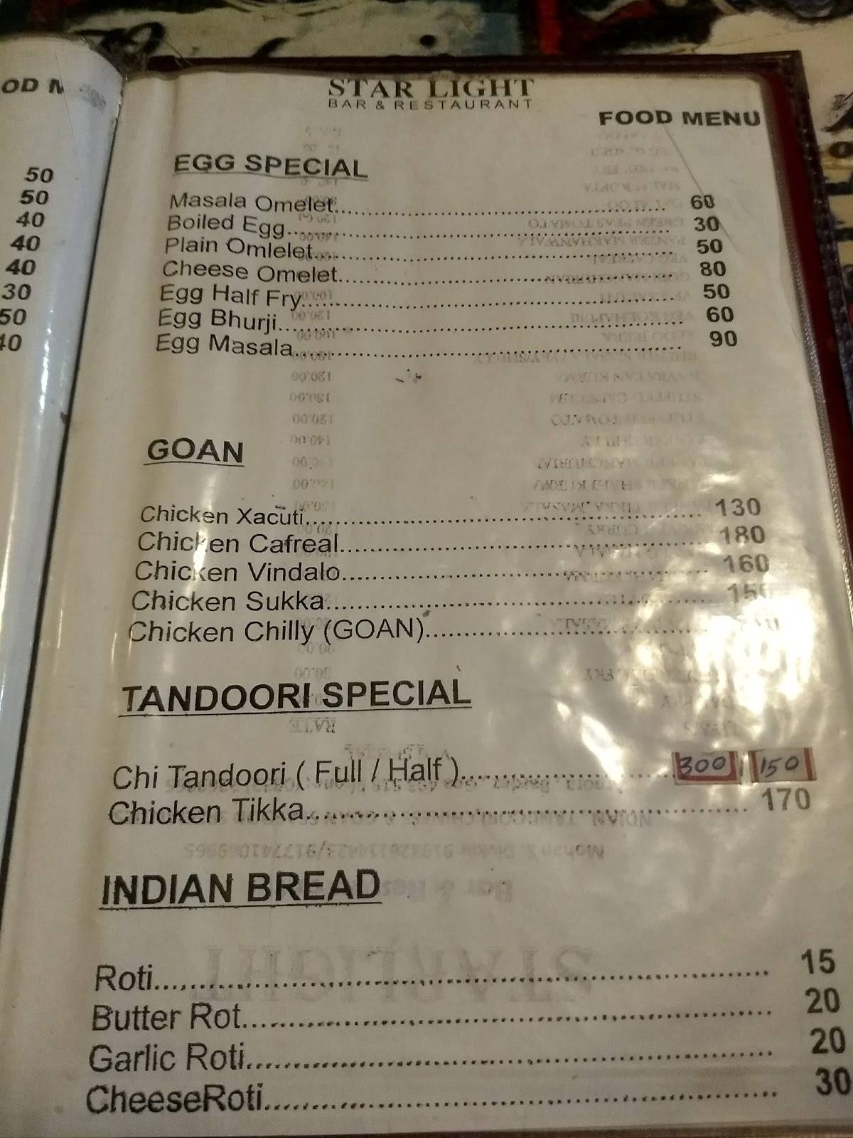 Menu at Starlight Restaurant & Bar, Arpora
