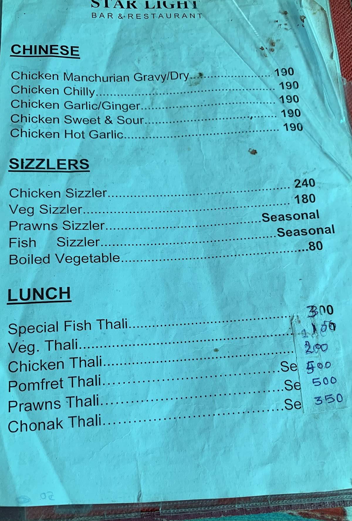Menu at Starlight Restaurant & Bar, Arpora