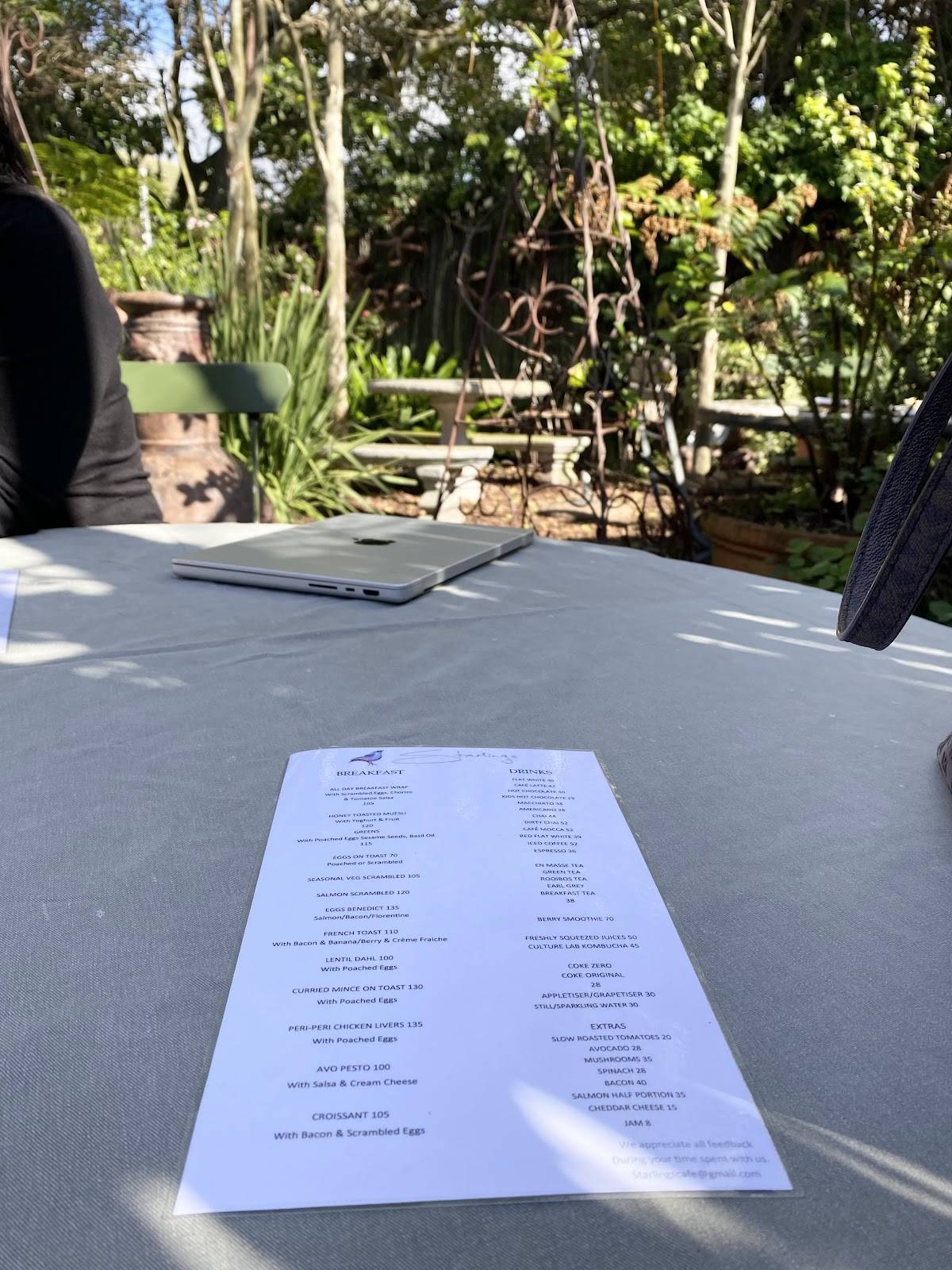 Menu at Starlings cafe, Cape Town
