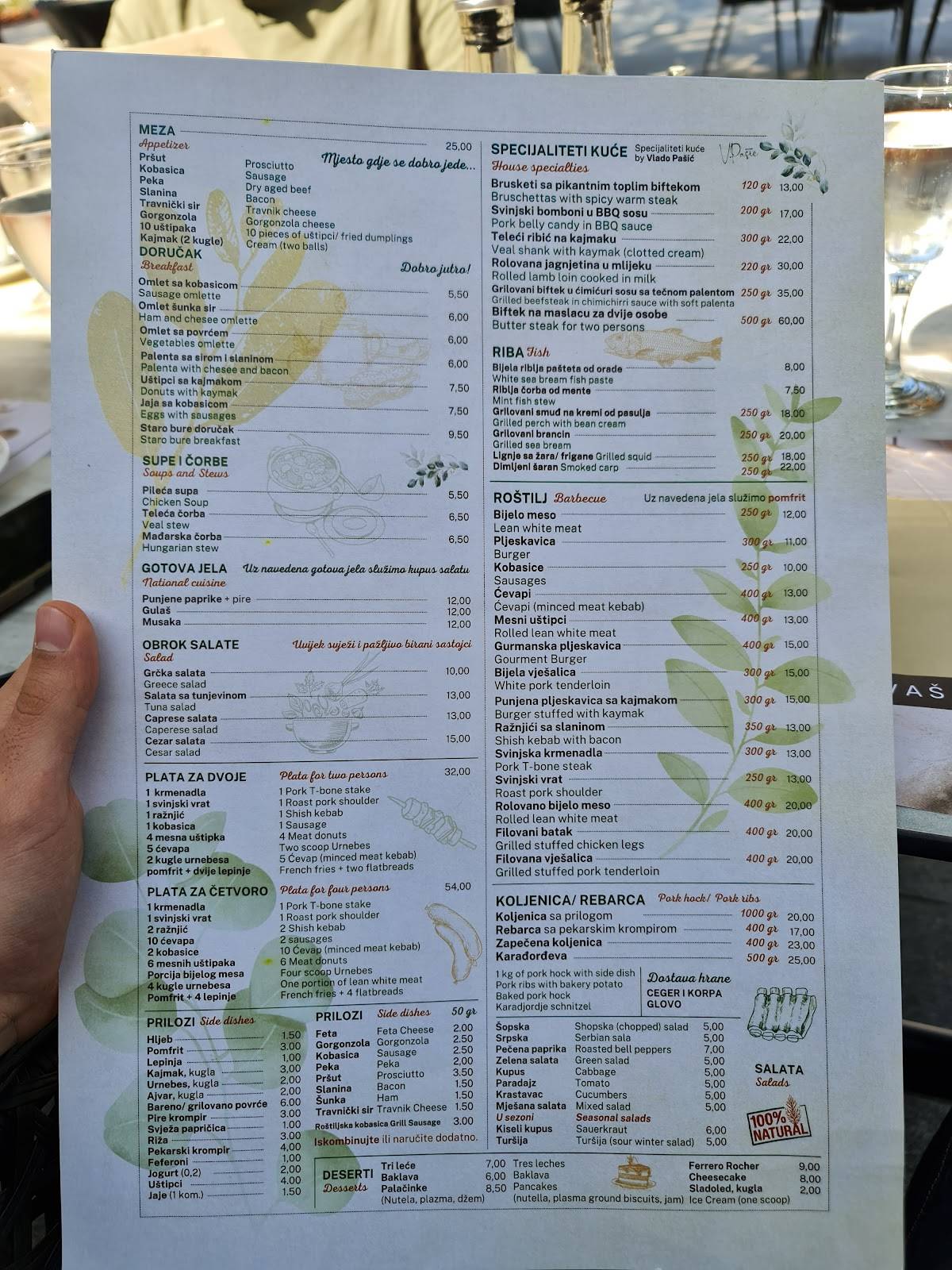 Menu at Staro bure restaurant, Banja Luka