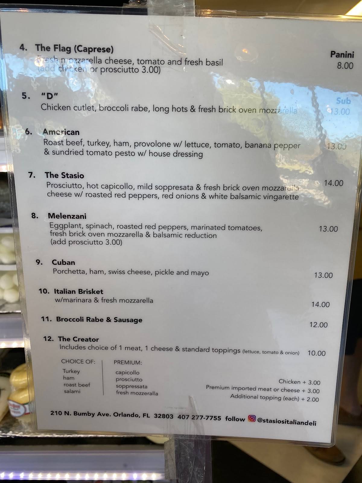 Menu at Stasio's Italian Deli & Market restaurant, Orlando