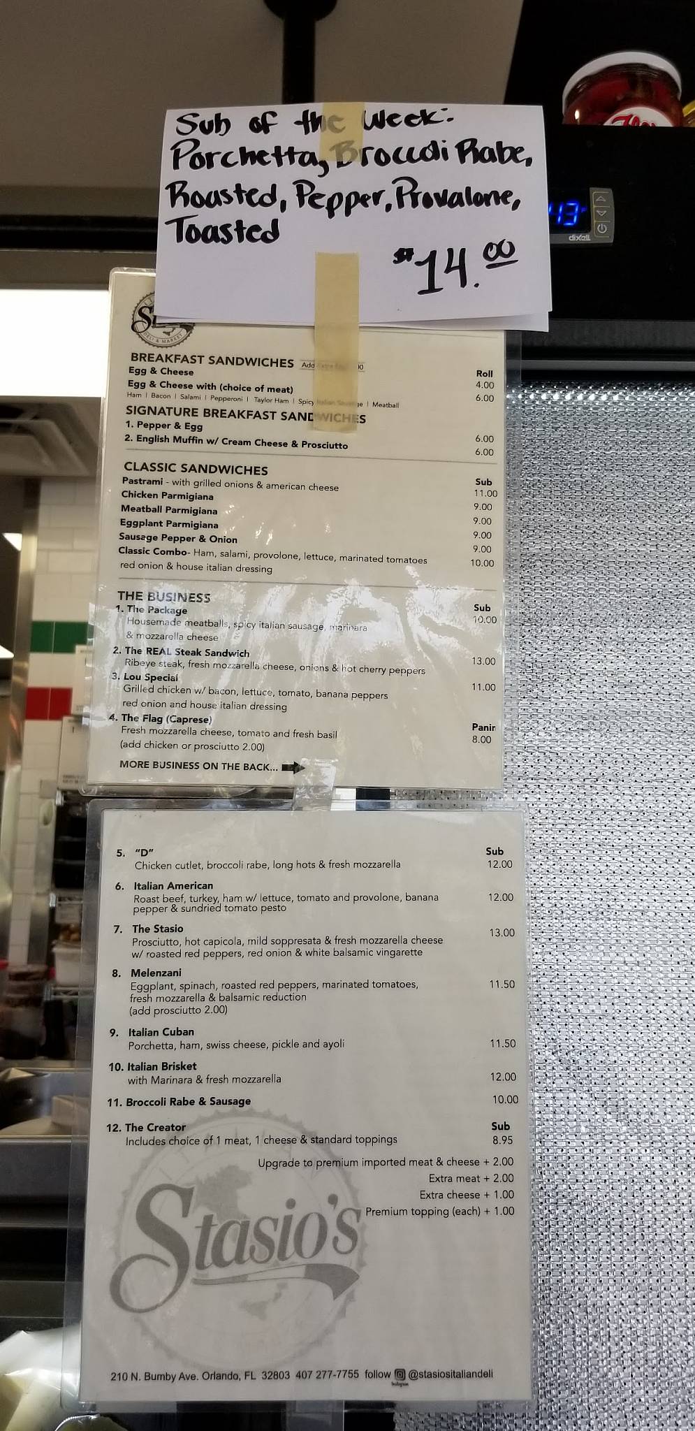 Menu at Stasio's Italian Deli & Market restaurant, Orlando