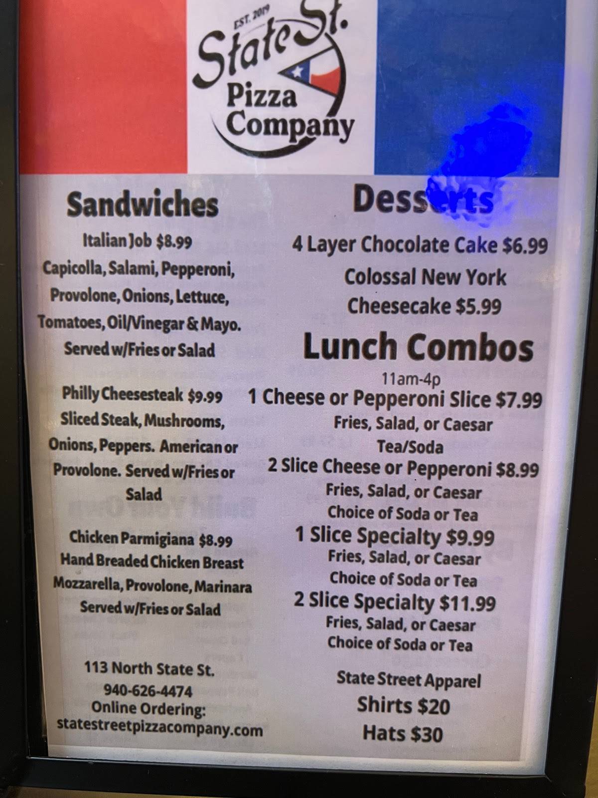 Carta de pizzería State Street Pizza Company, Decatur