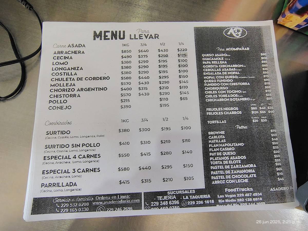 Carta de parrilla Asadero Dario Veracruz, Veracruz