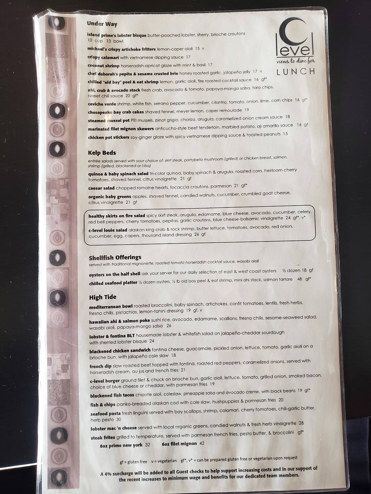 Menu at C Level Lounge steakhouse, San Diego, 880 Harbor Island Dr