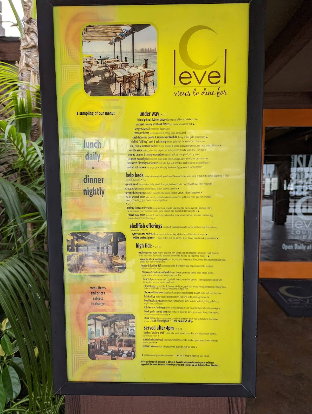 Menu at C Level Lounge steakhouse, San Diego, 880 Harbor Island Dr