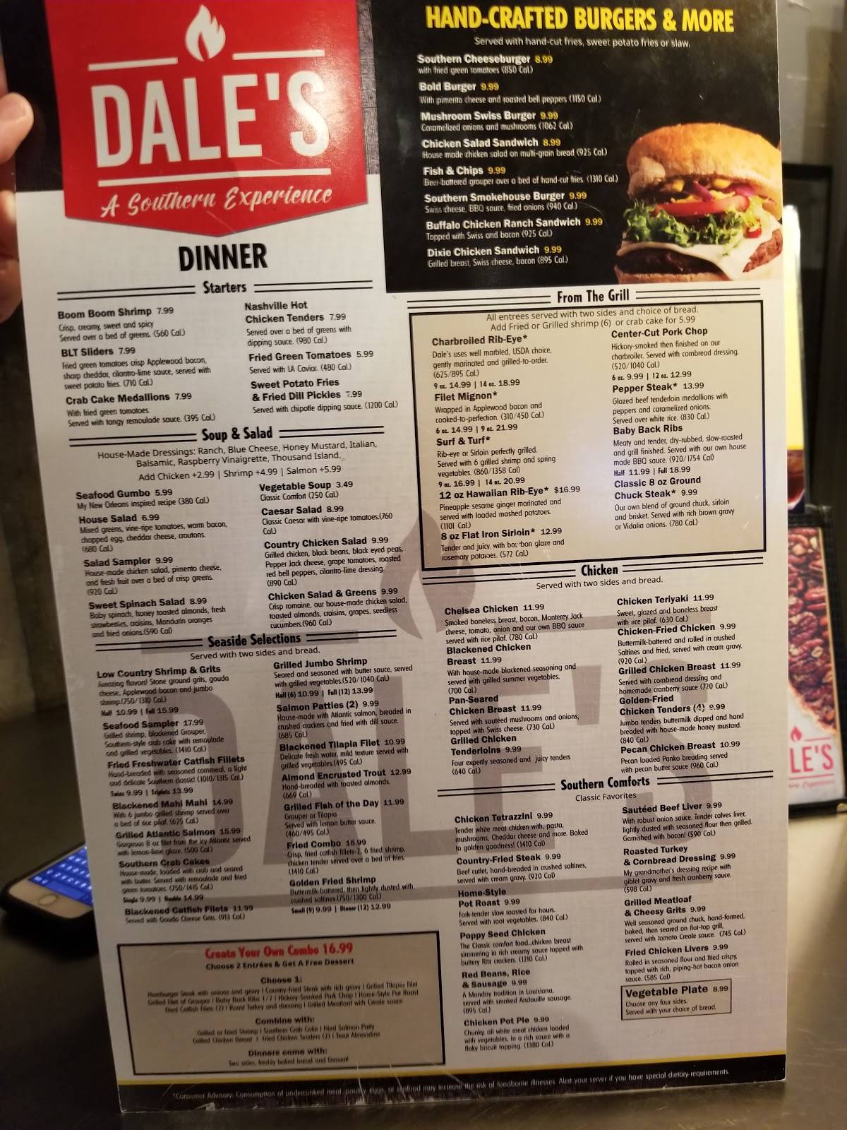 Menu at Dale's Southern Grill steakhouse, Hoover, Montgomery Hwy #109