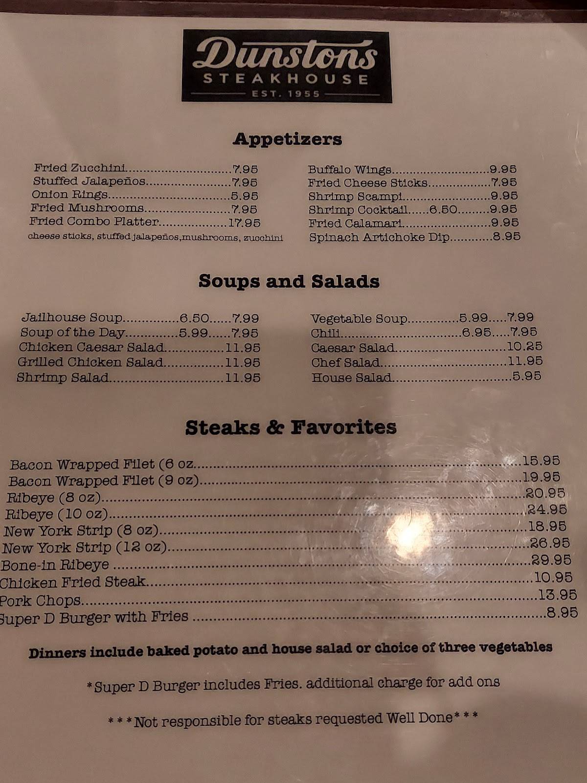 Menu at Dunston's Steak House steakhouse, Dallas, Harry Hines Blvd