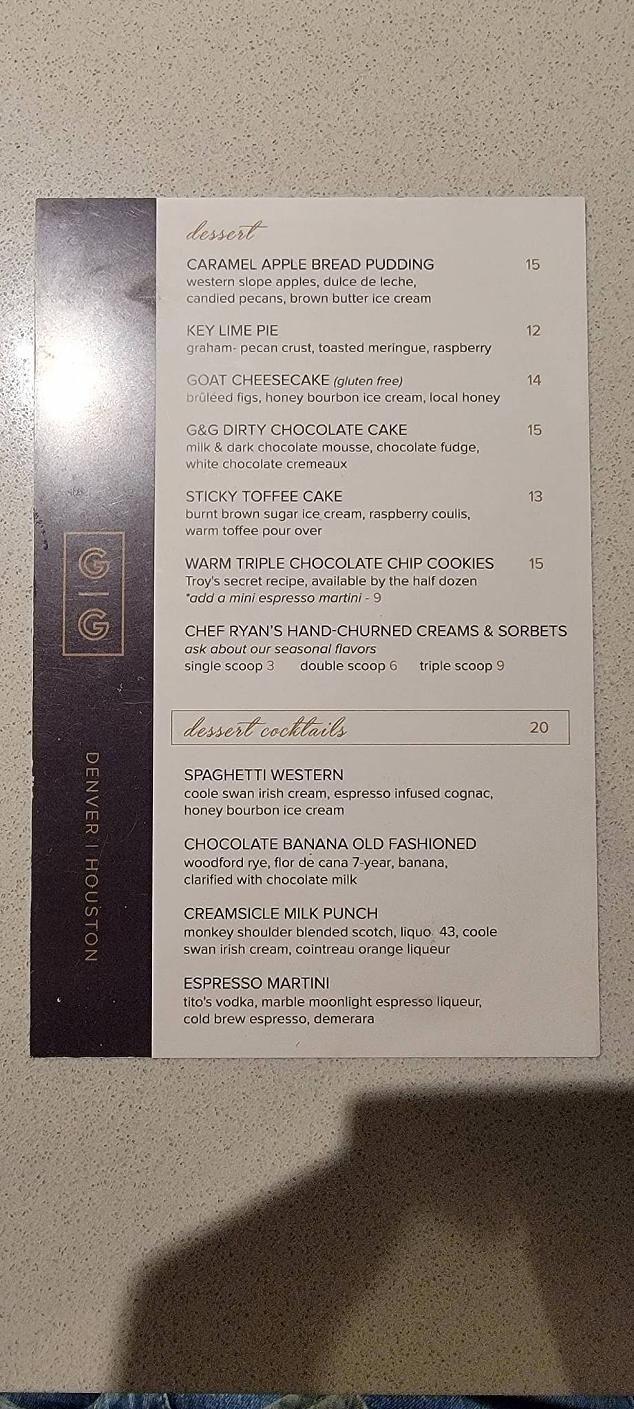 Menu at Guard and Grace steakhouse, Denver