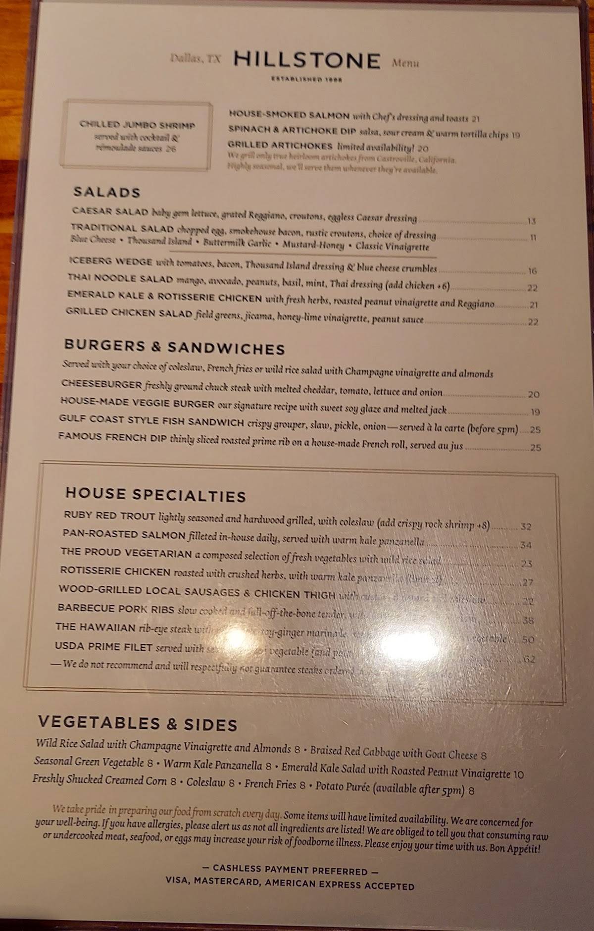 Menu at Hillstone steakhouse, Dallas, Preston Rd