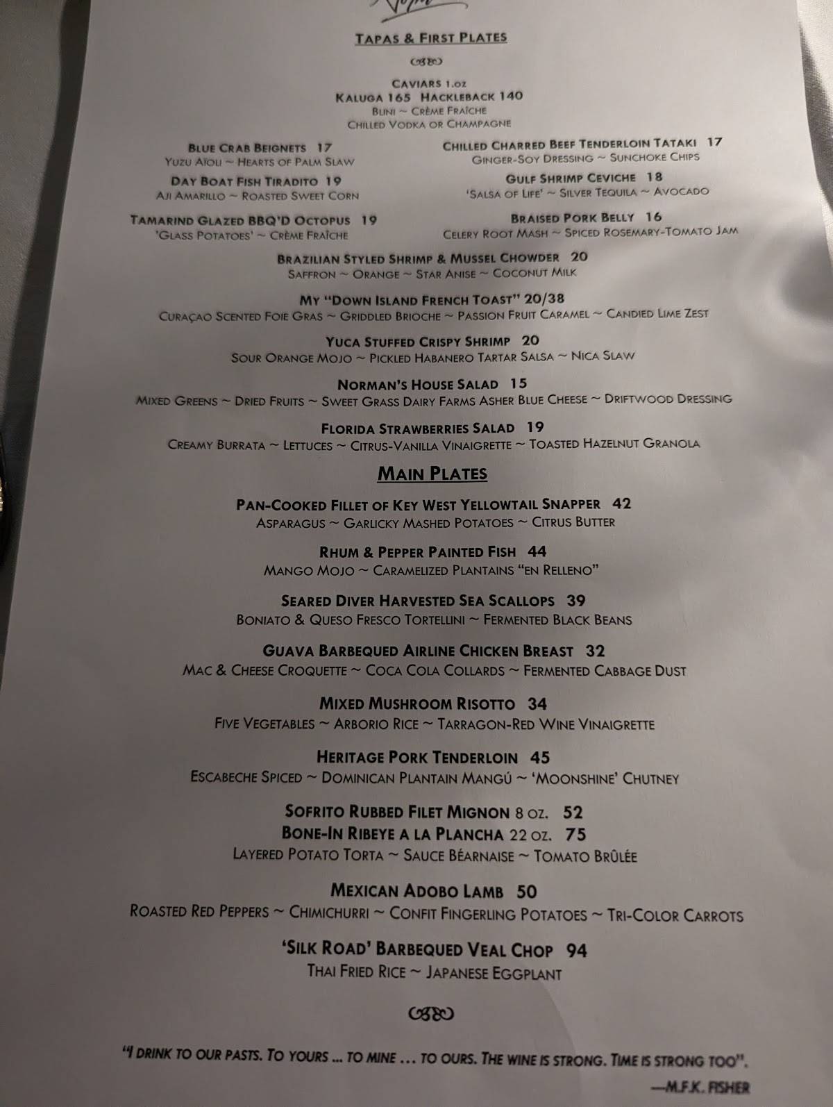 Menu at Norman's Orlando steakhouse, Orlando, Via Dellagio Way