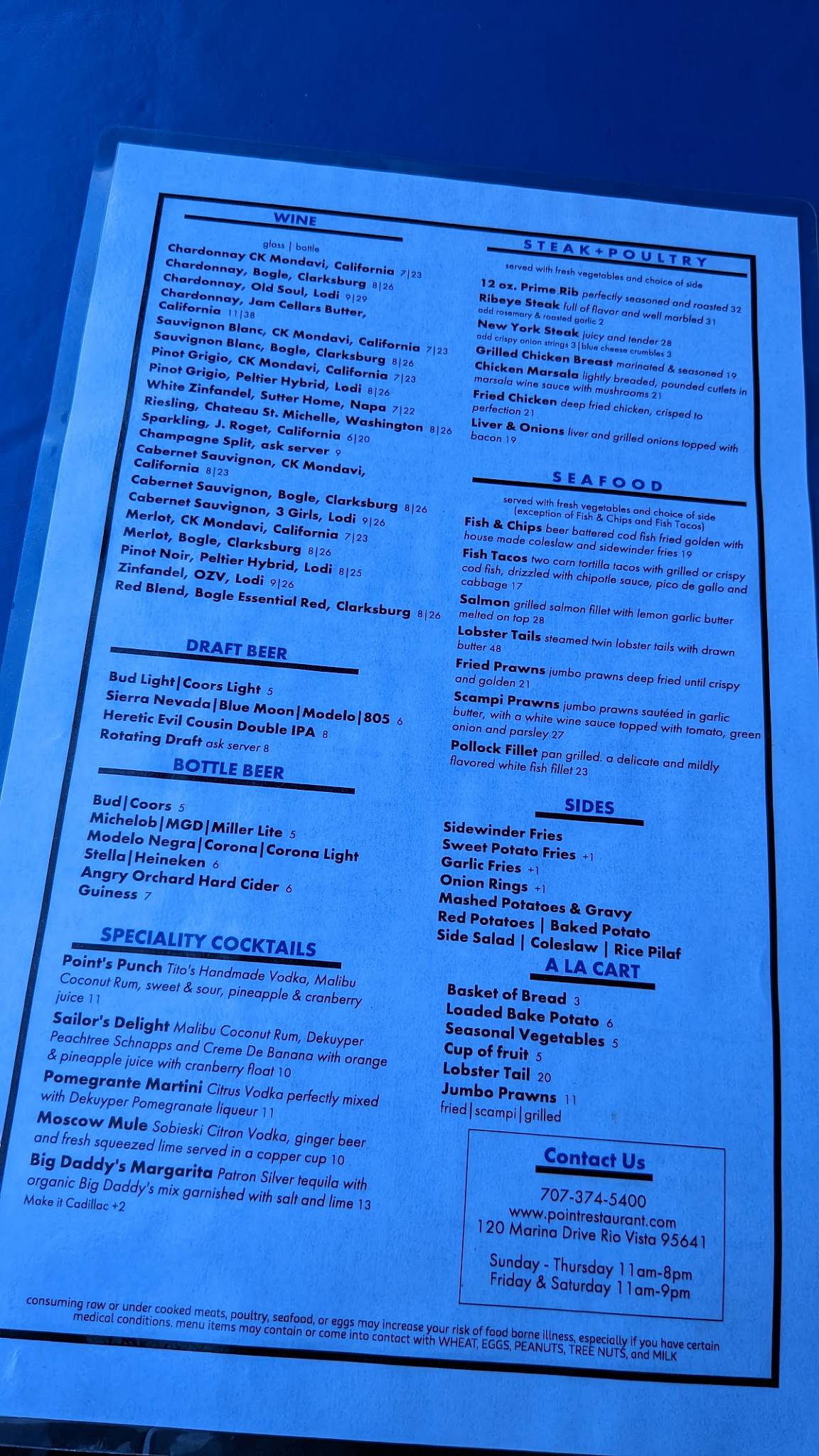 Menu at The Point Restaurant, Rio Vista