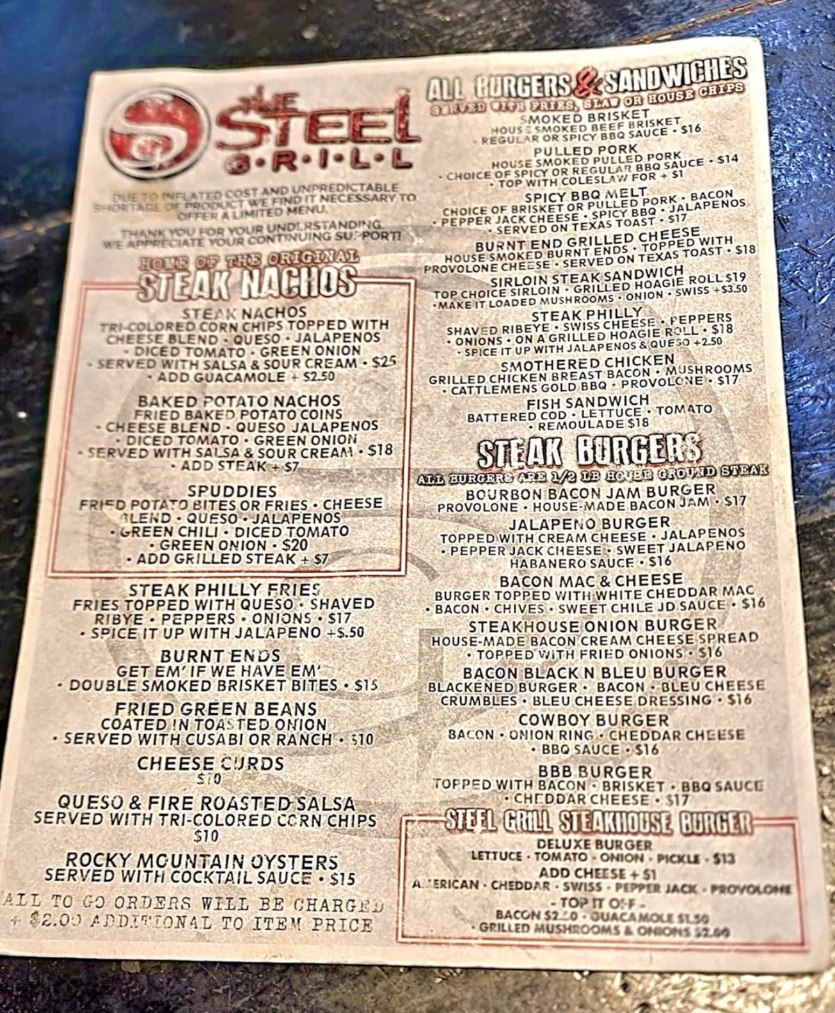 Menu at Steel Grill Restaurant & Bar, Gering