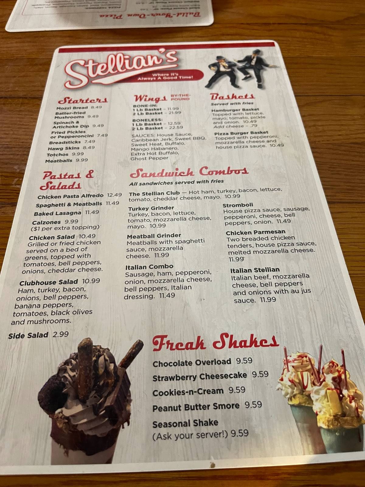 Menu at Stellian's restaurant, Central City