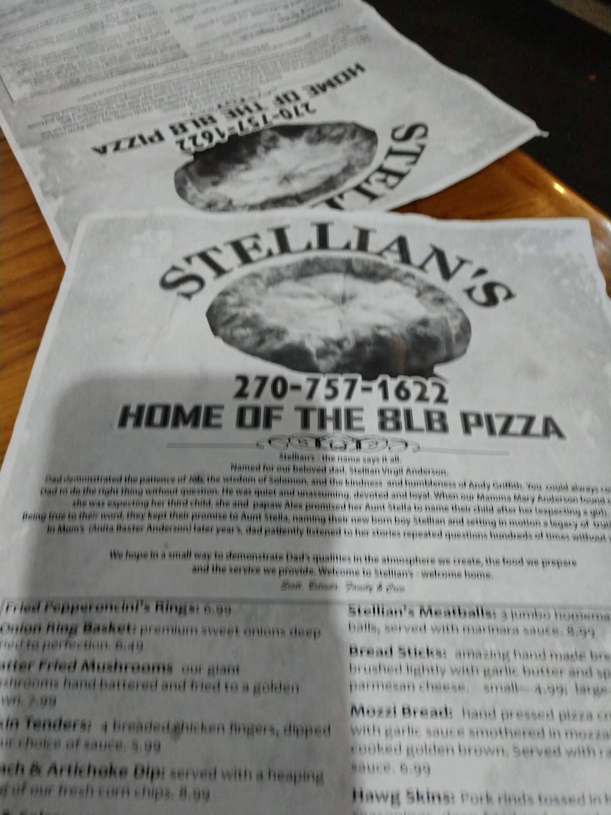 Menu at Stellian's restaurant, Central City