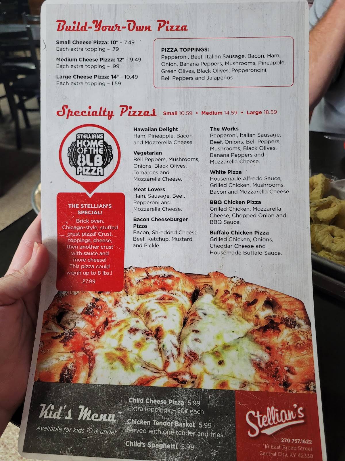 Menu at Stellian's restaurant, Central City