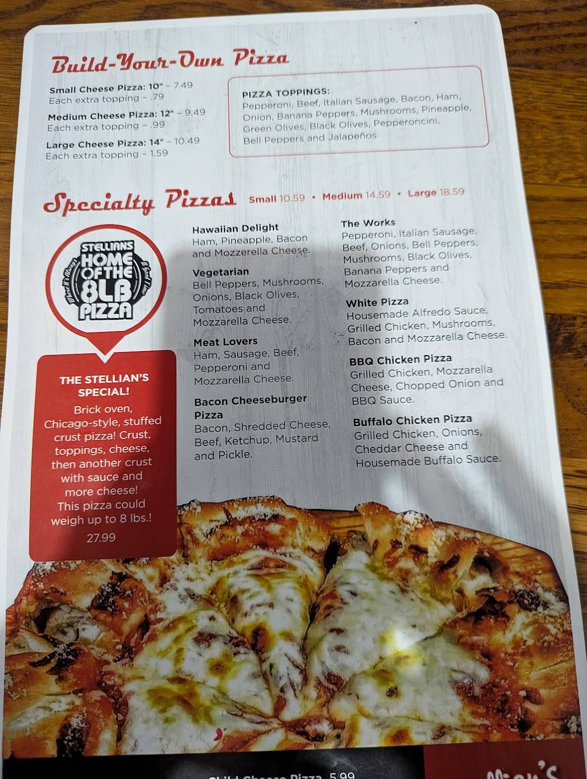 Menu at Stellian's restaurant, Central City