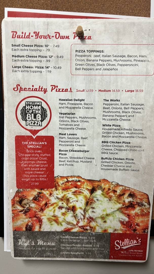 Menu at Stellian's restaurant, Central City