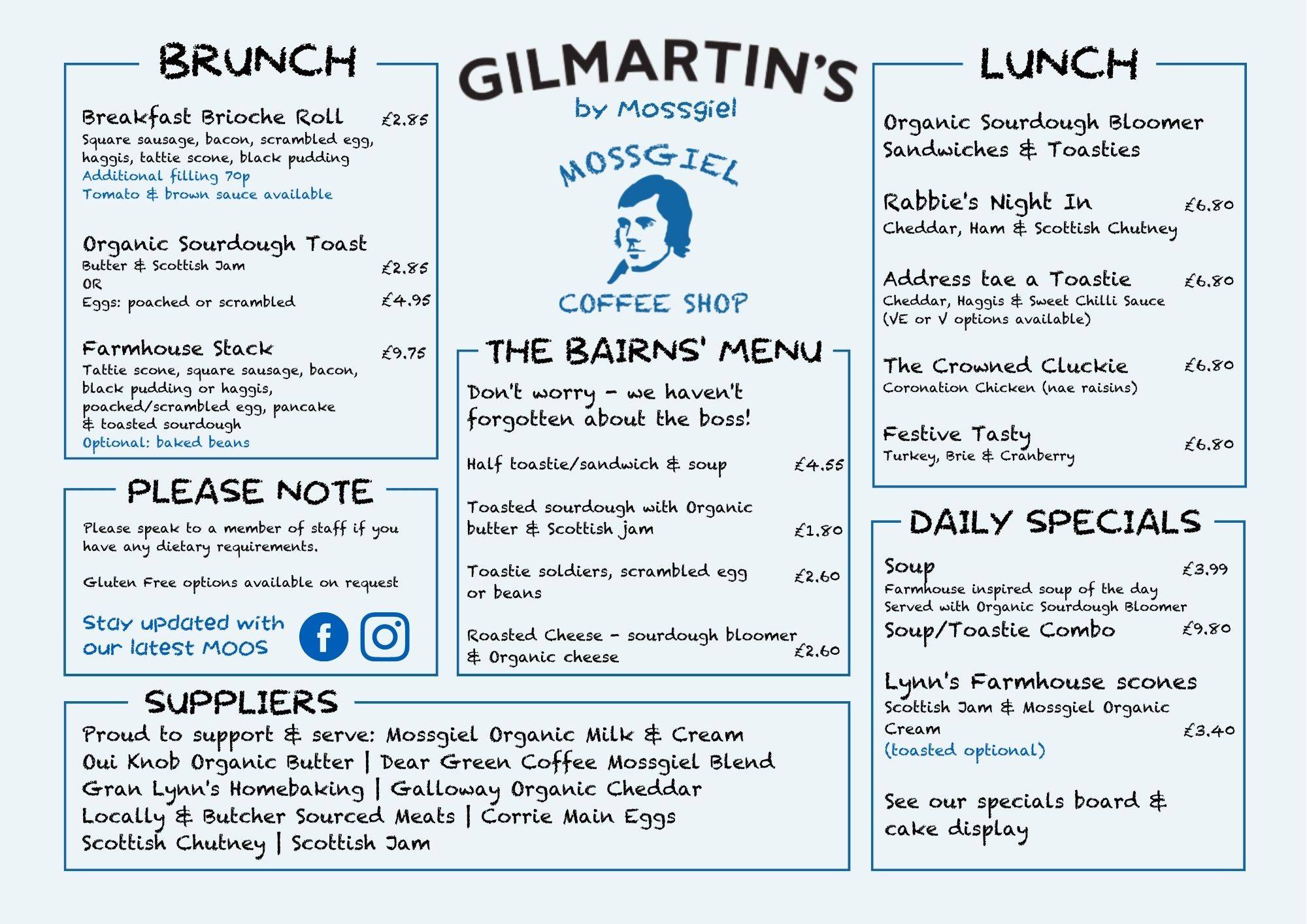 Menu at Gilmartin's Bakery, Stewarton