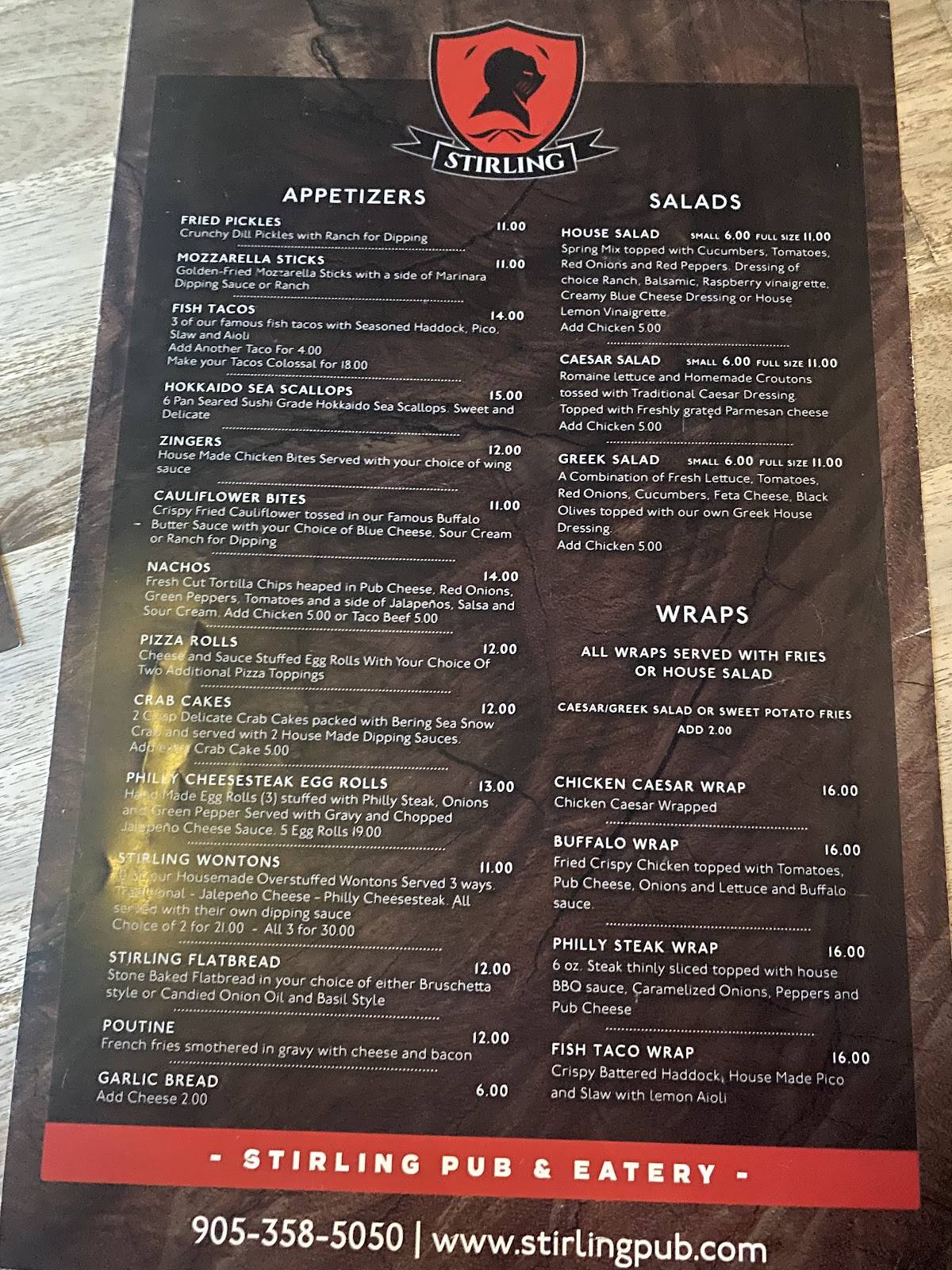 Menu at Stirling Niagara Pub & Eatery, Niagara Falls