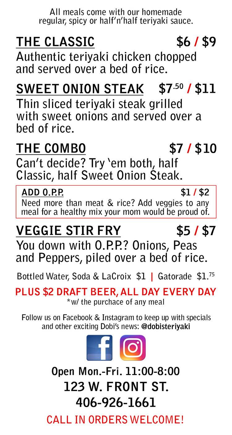 Menu at Stockman's Bar, Cafe & Poker Room, Missoula