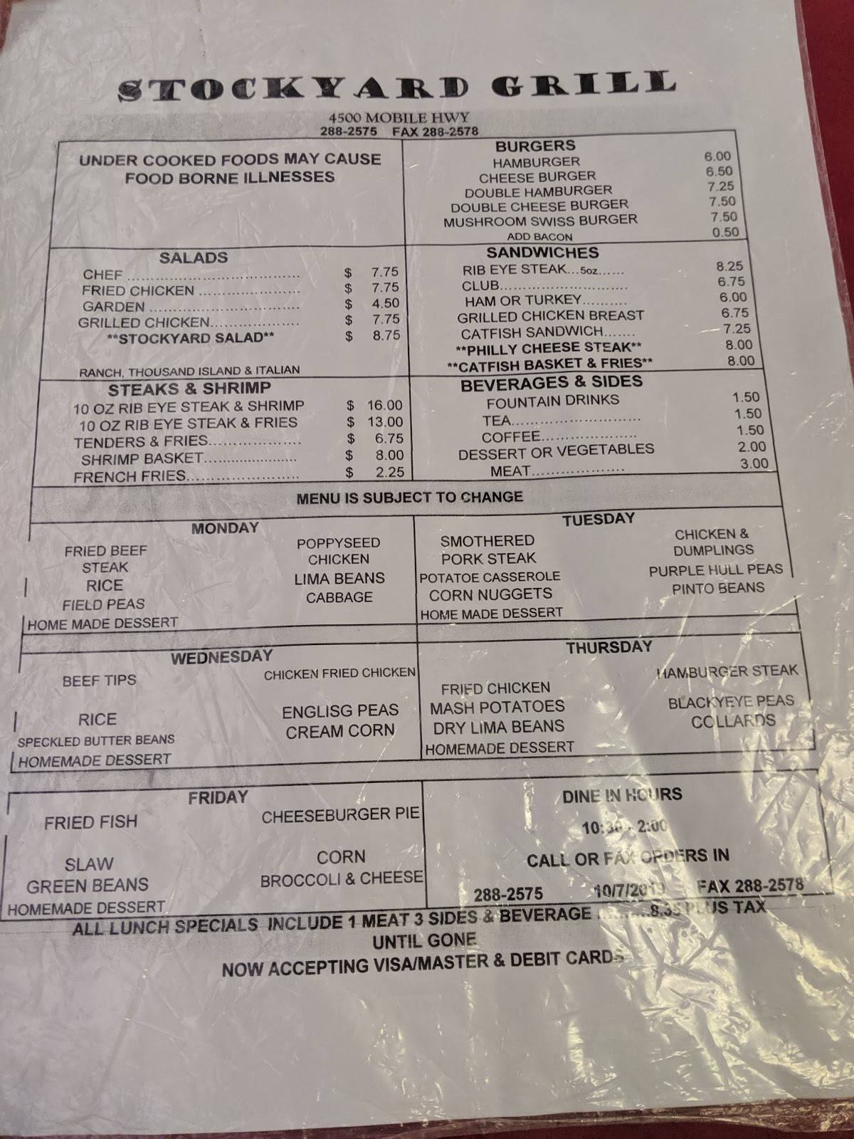Menu at Stockyard Grill restaurant, Montgomery