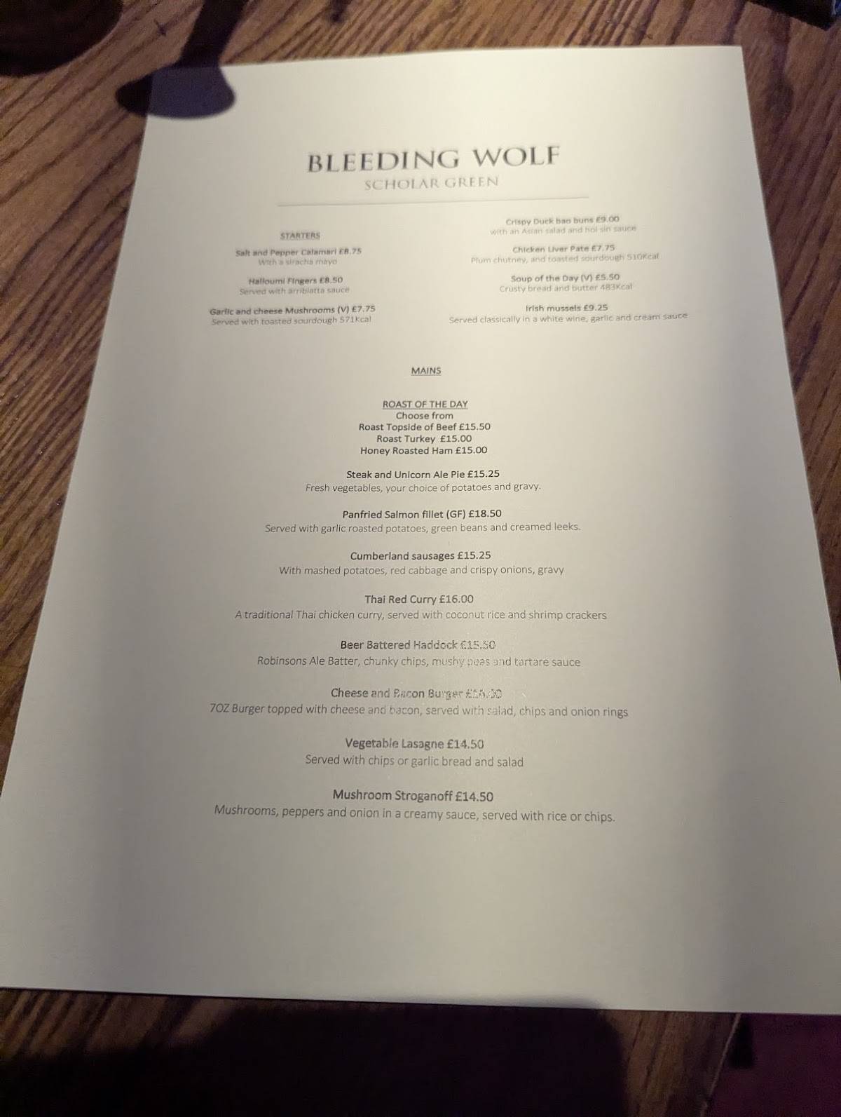 Menu at Bleeding Wolf, Scholar Green pub & bar, Stoke-on-Trent