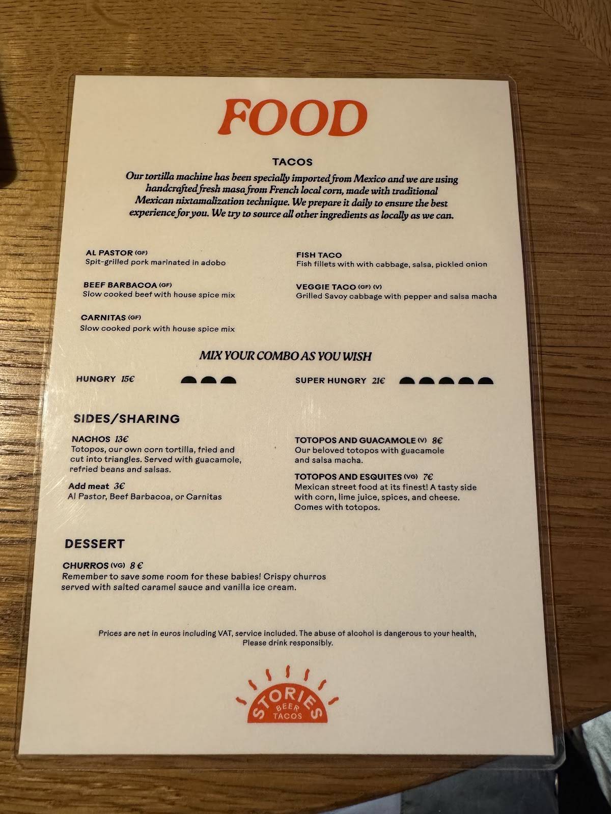 Menu at Stories Craft Beer & Tasty Tacos pub & bar, Chamonix