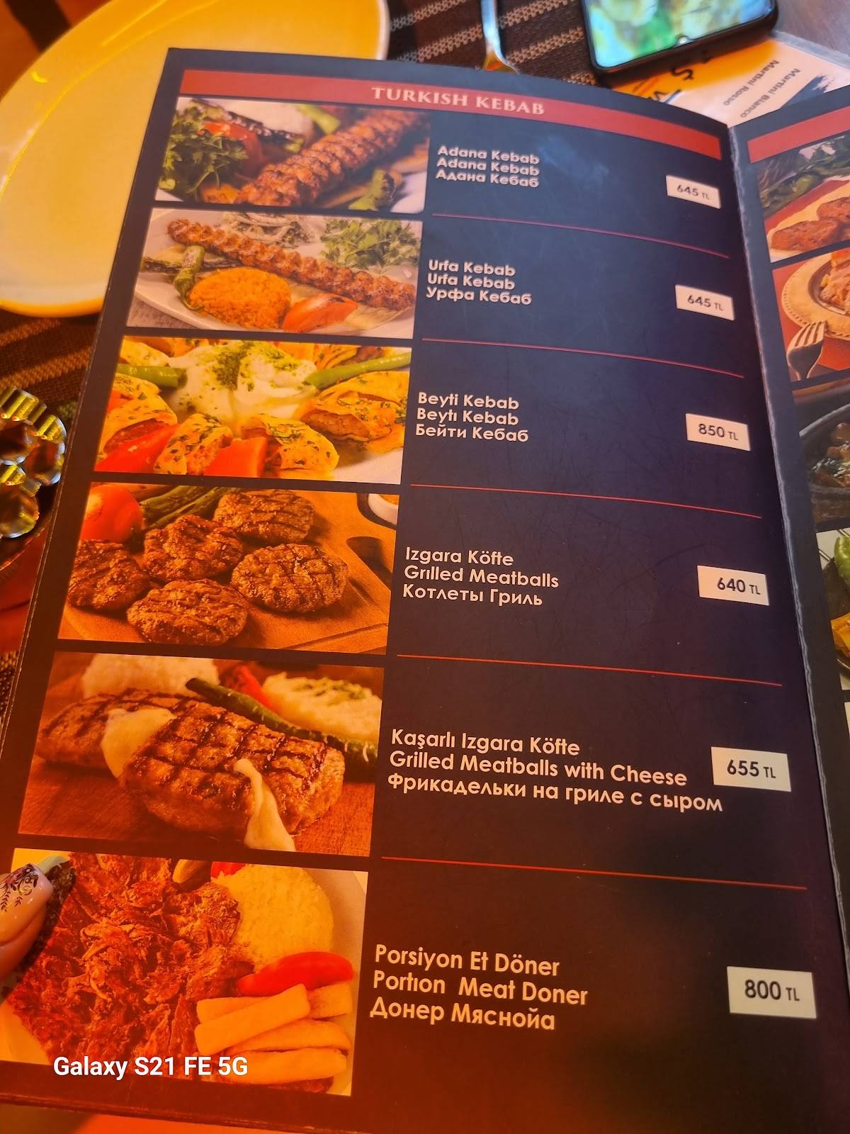 Menu at Suad Restaurant, Istanbul