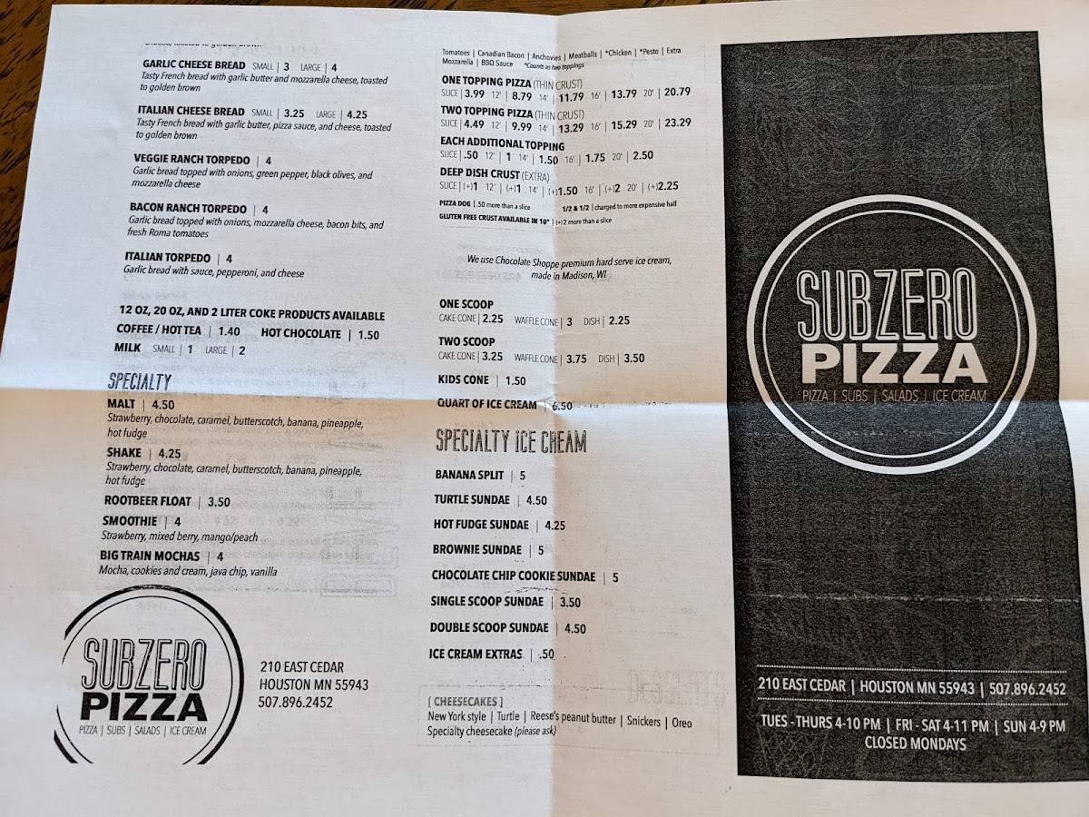 Menu at Sub-Zero Pizza & Ice Cream pizzeria, Houston