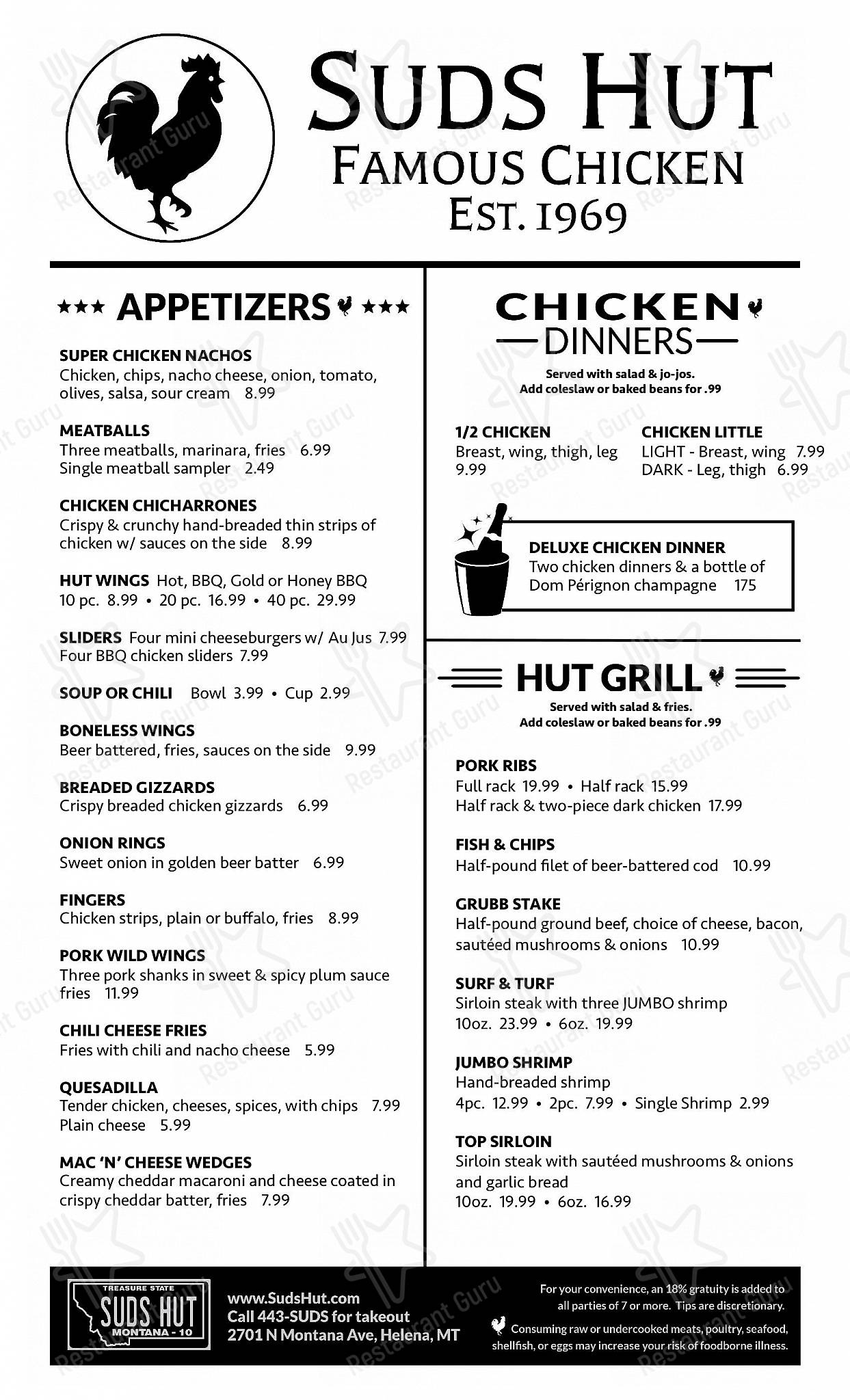 Menu at Suds Hut pub & bar, Helena
