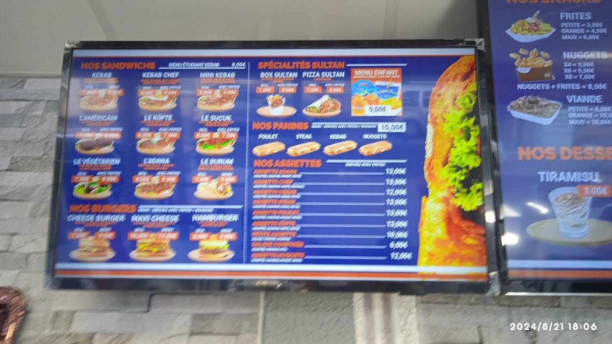 Menu au Sultan Kebab restaurant, Thaon-les-Vosges