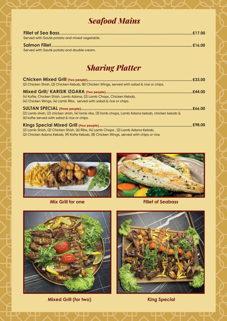 Menu at Sultanahmet Grill restaurant, Manchester