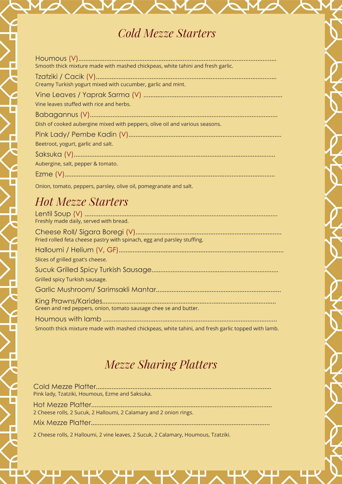 Menu at Sultanahmet Grill restaurant, Manchester